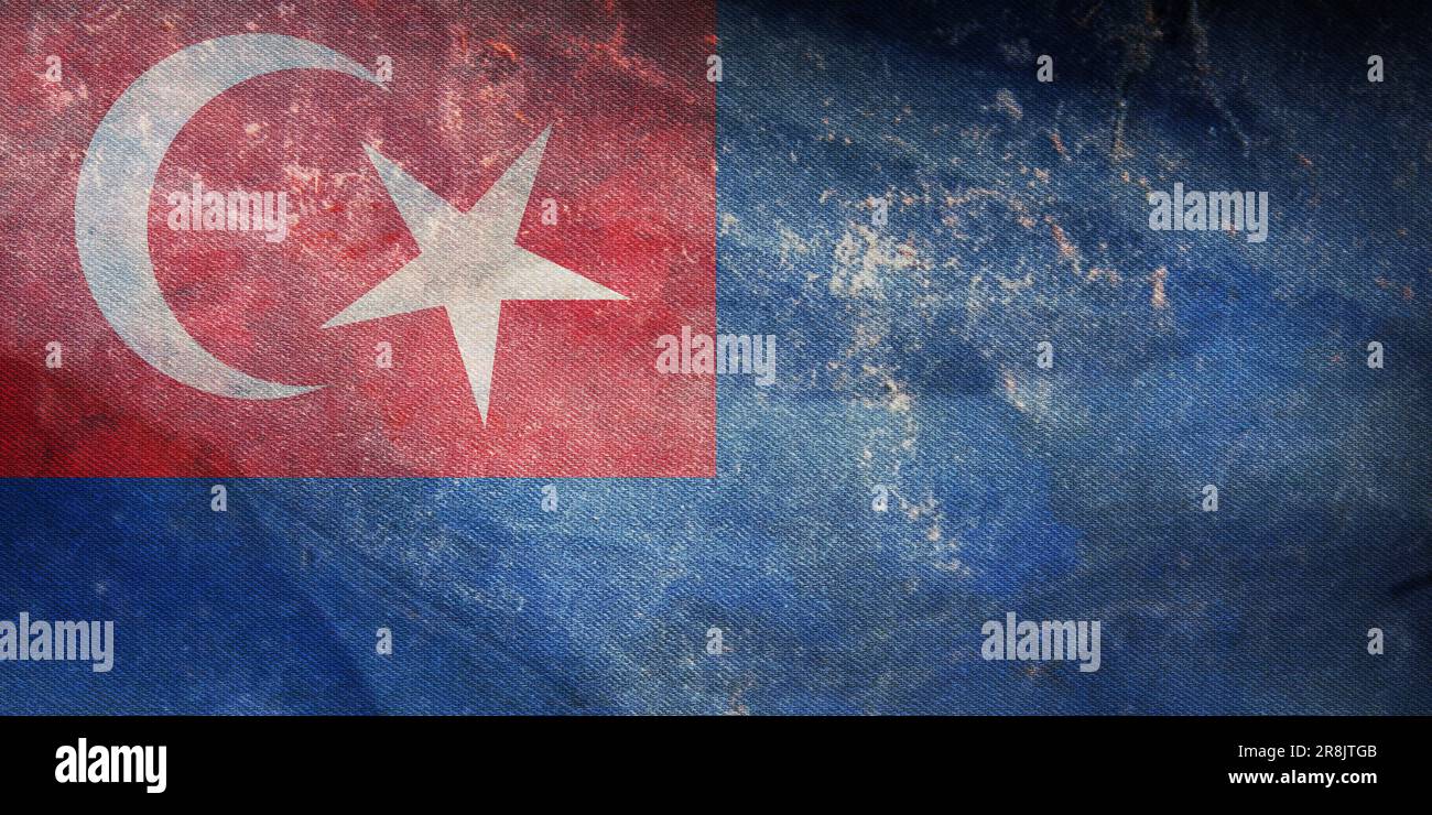 Top view of retro flag Johor Malaysia with grunge texture. Malaysian travel and patriot concept ...