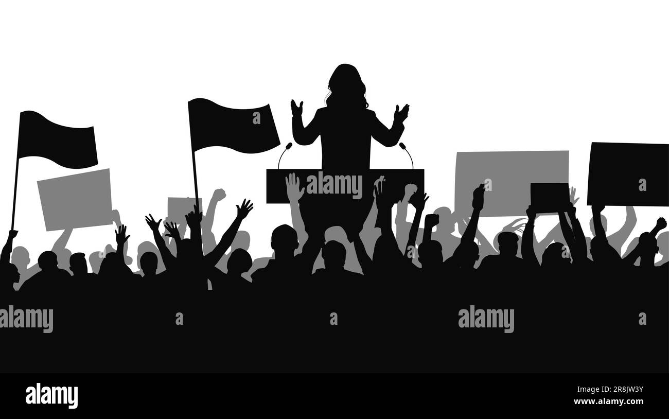 Woman standing in the crowd giving a presentation. Crowd people flags ...