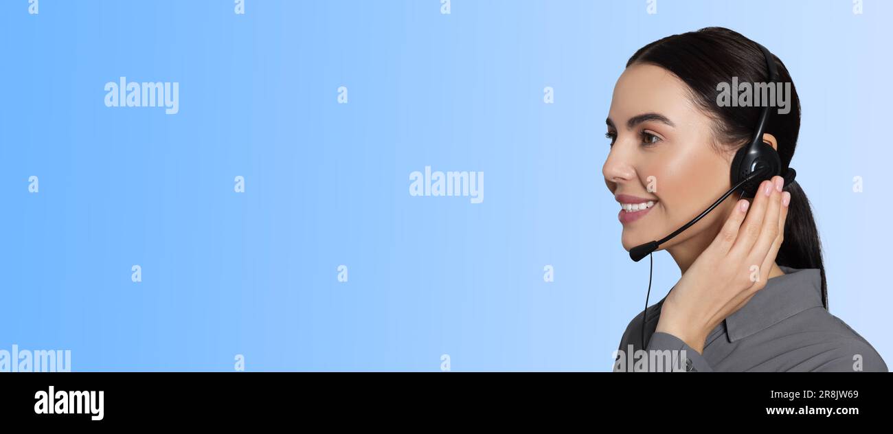 Hotline operator with headset on light blue background, space for text ...