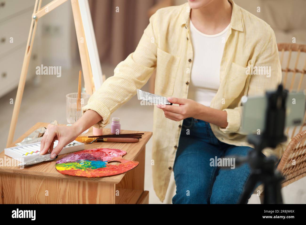 Teacher conducting online painting lesson at home, closeup. Time for ...