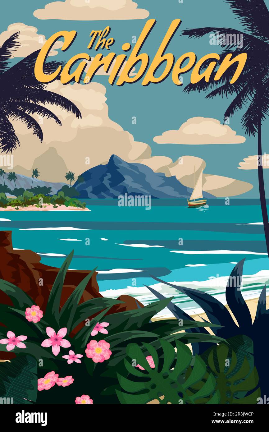 Caribbean Travel poster tropical resort vintage illustration Stock ...