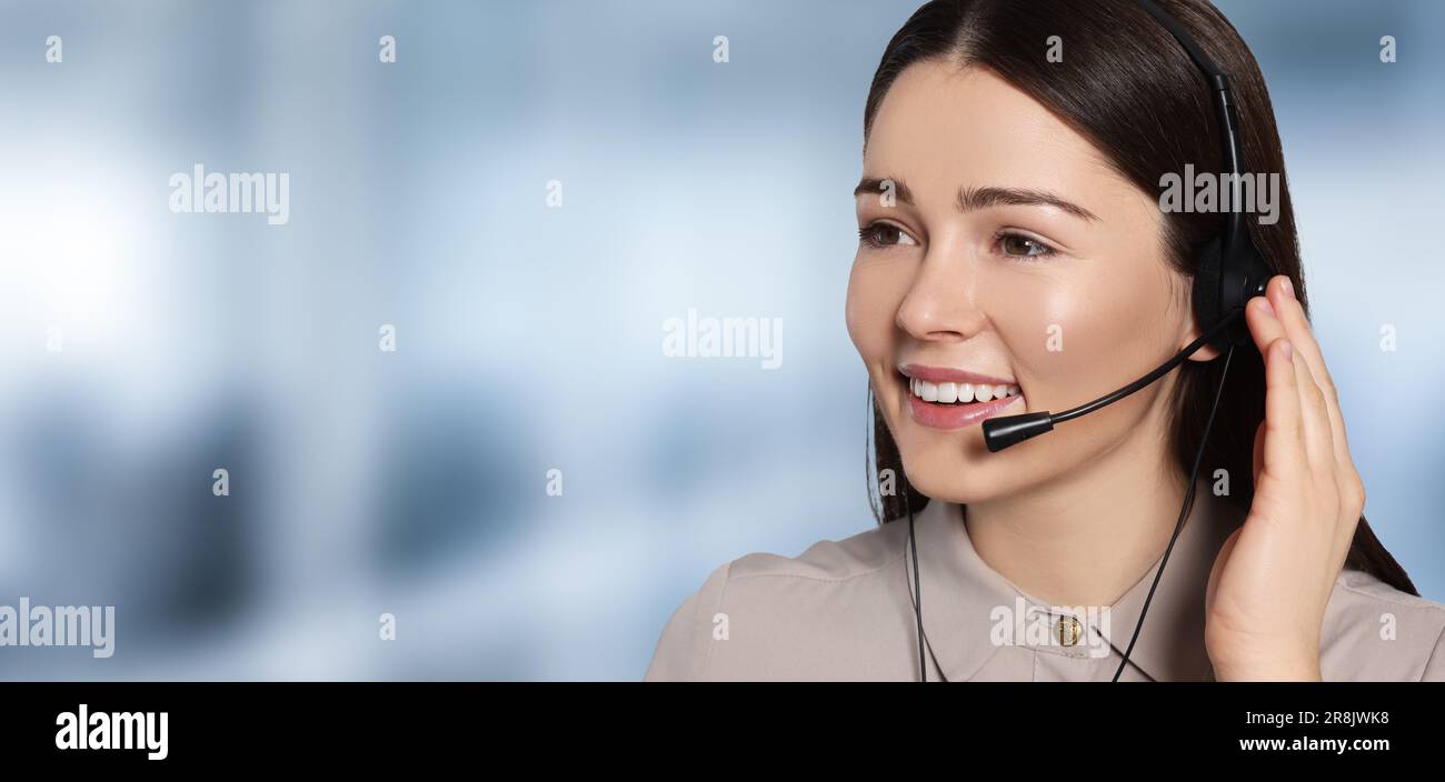 Hotline operator with headset in office, space for text. Banner design ...