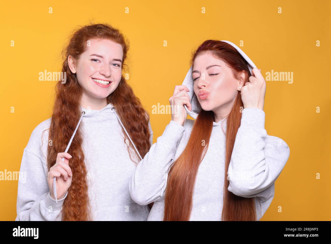 Portrait of beautiful young redhead sisters on orange background Stock ...