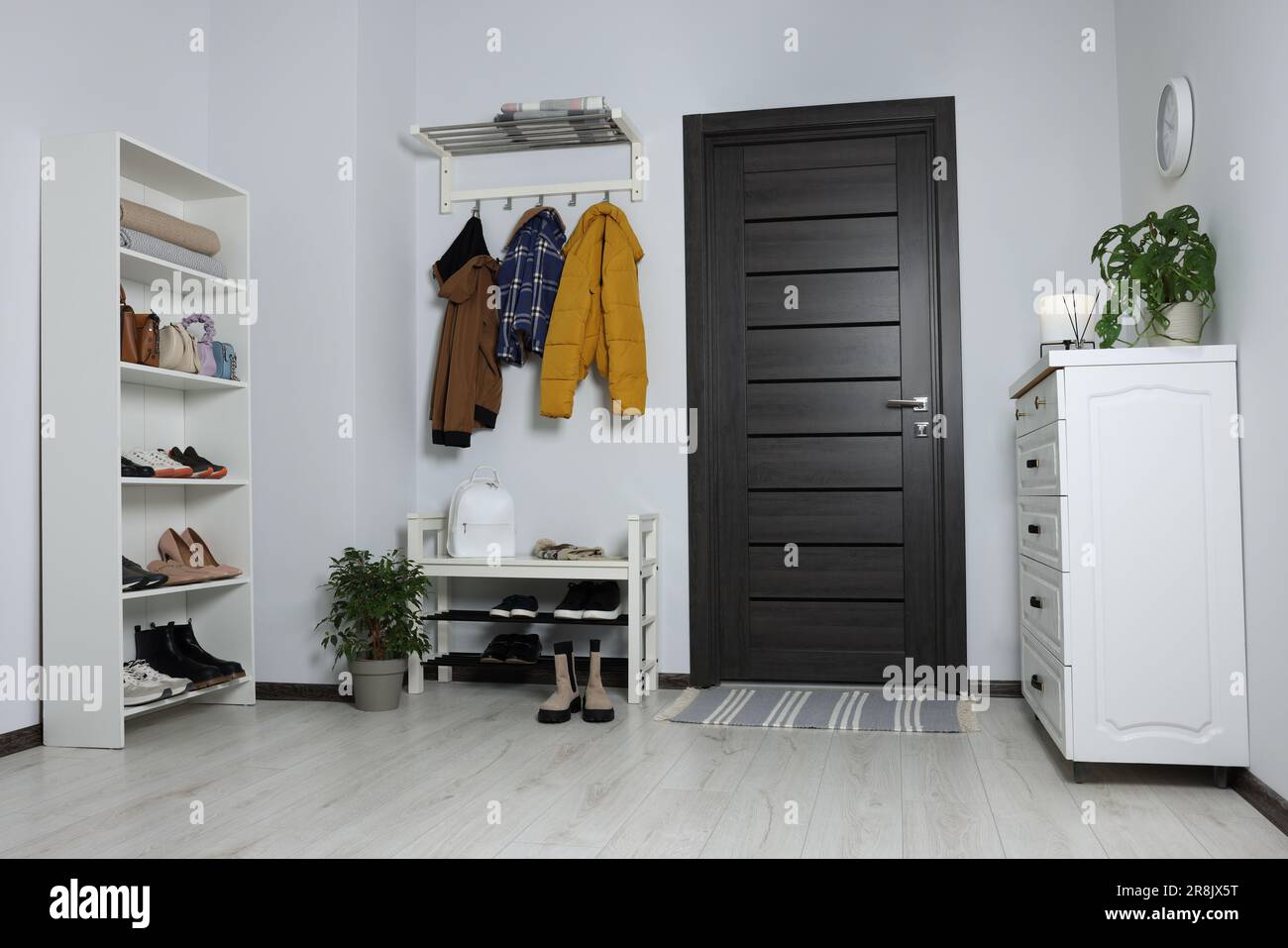 Beautiful hallway interior with coat rack, chest of drawers and shoe ...