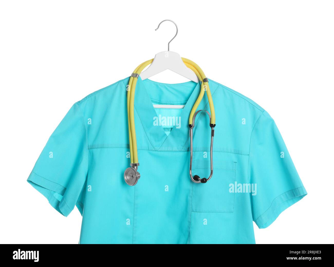 Turquoise medical uniform and stethoscope isolated on white Stock Photo ...