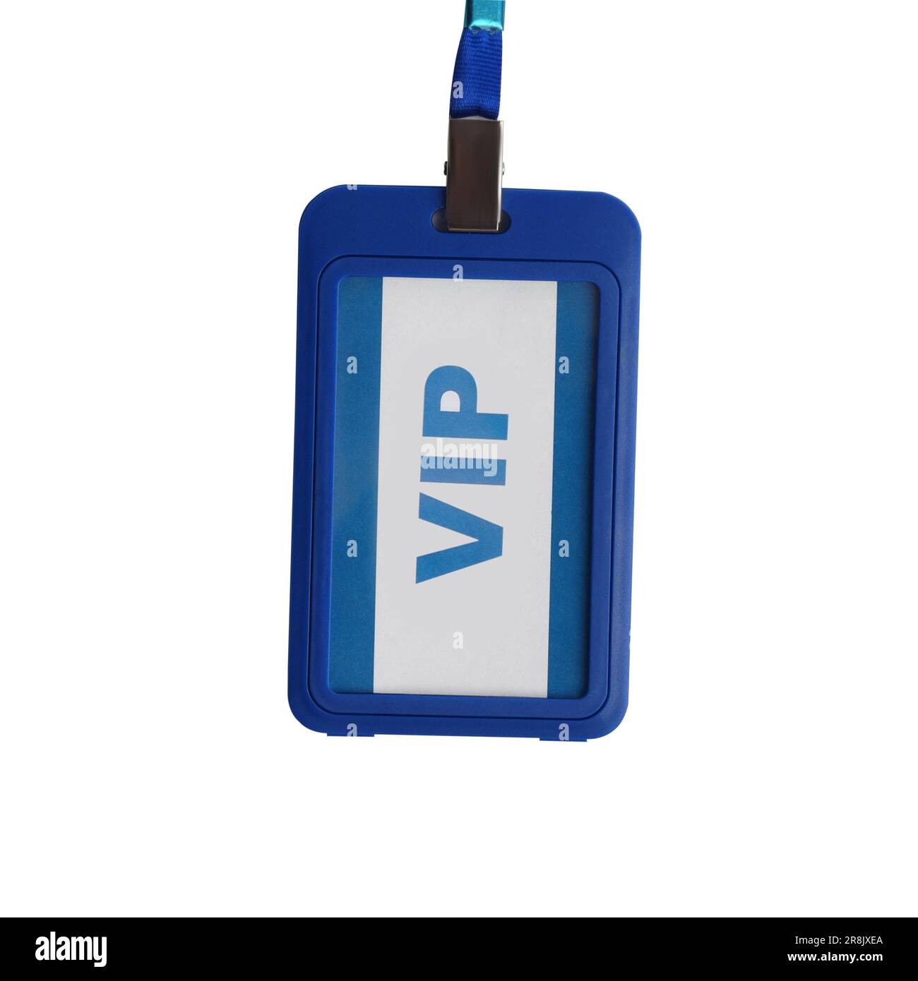 Blue vip badge isolated on white, top view Stock Photo - Alamy