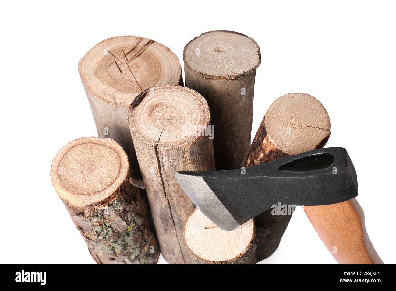 Metal ax and wood logs on white background Stock Photo - Alamy