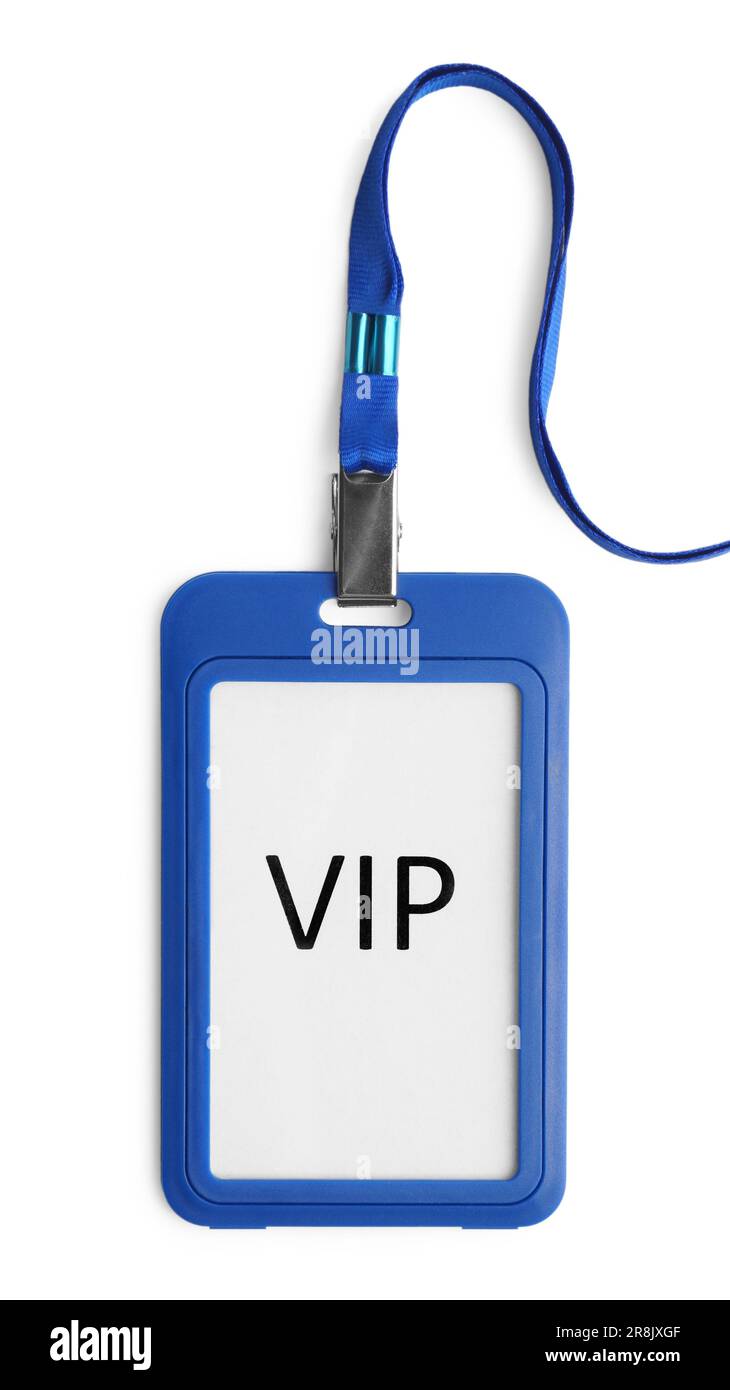 Blue vip badge isolated on white, top view Stock Photo - Alamy
