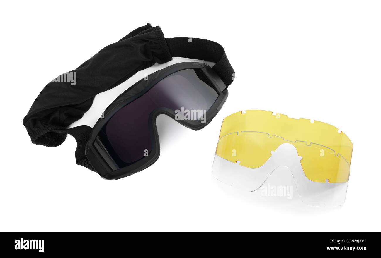 Tactical glasses and different lenses on white background, top view ...