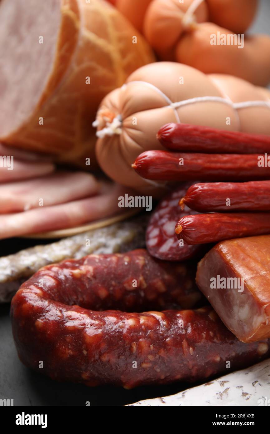 Different types of sausages on table, closeup Stock Photo - Alamy