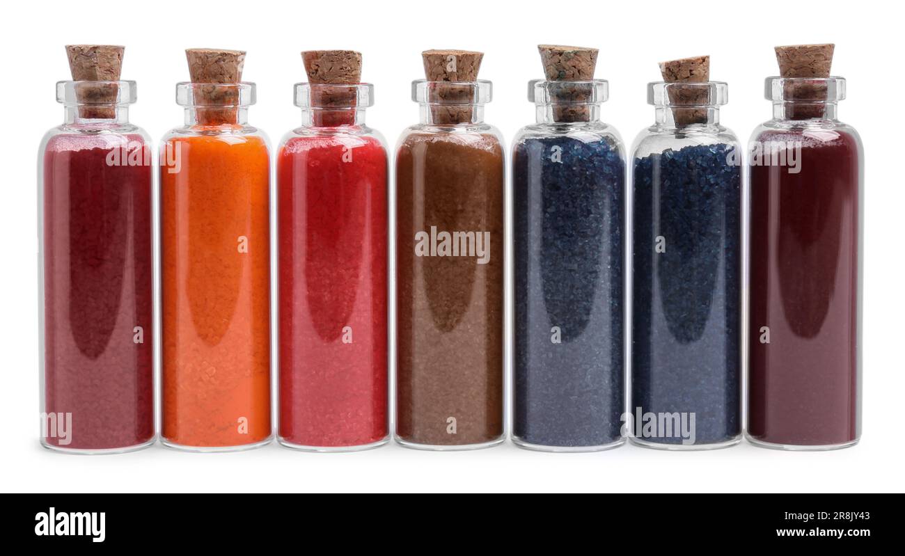 Glass bottles of different food coloring isolated on white Stock Photo ...