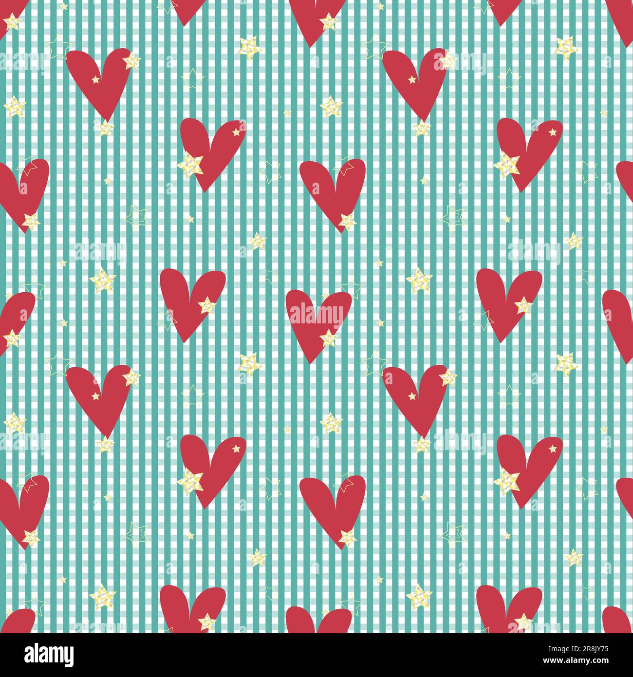 Pattern red heart and gold stars on linen textile, blue background ...