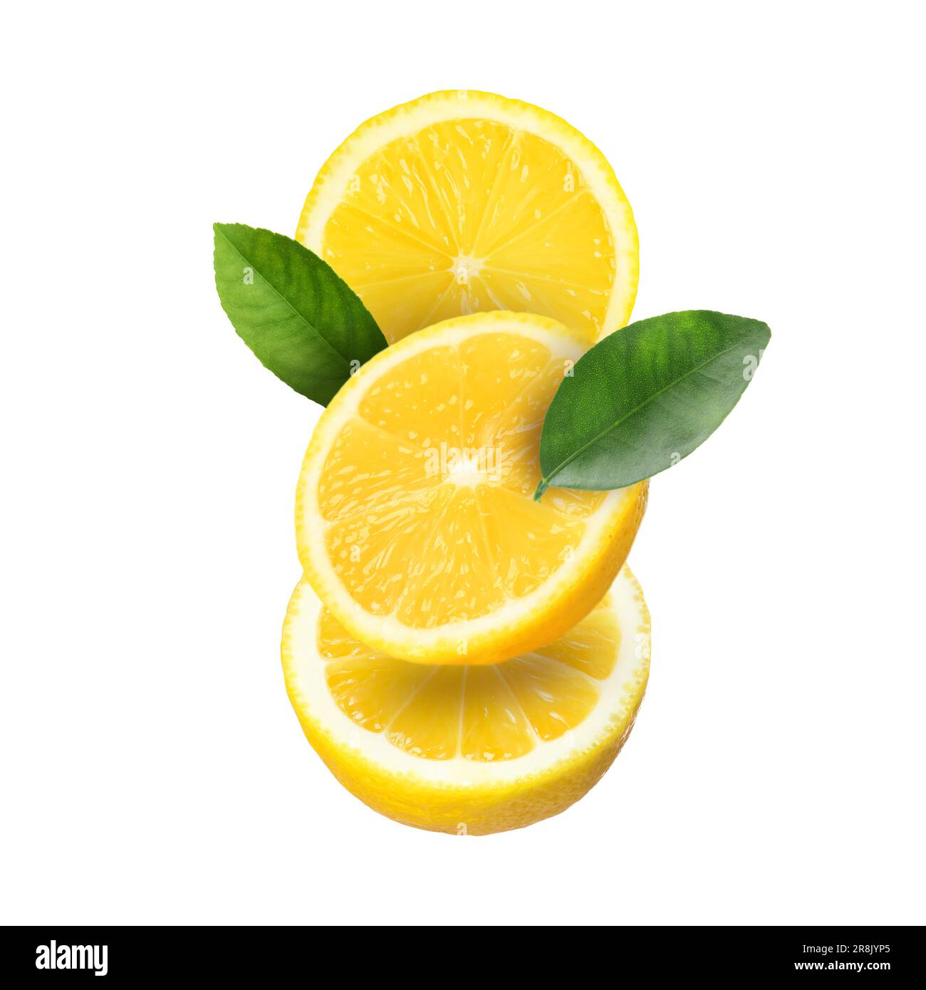 Cut fresh lemons with green leaves isolated on white Stock Photo - Alamy