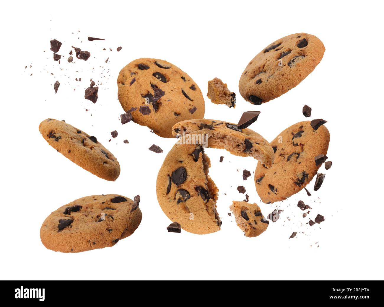 Tasty chocolate chip cookies falling on white background Stock Photo ...