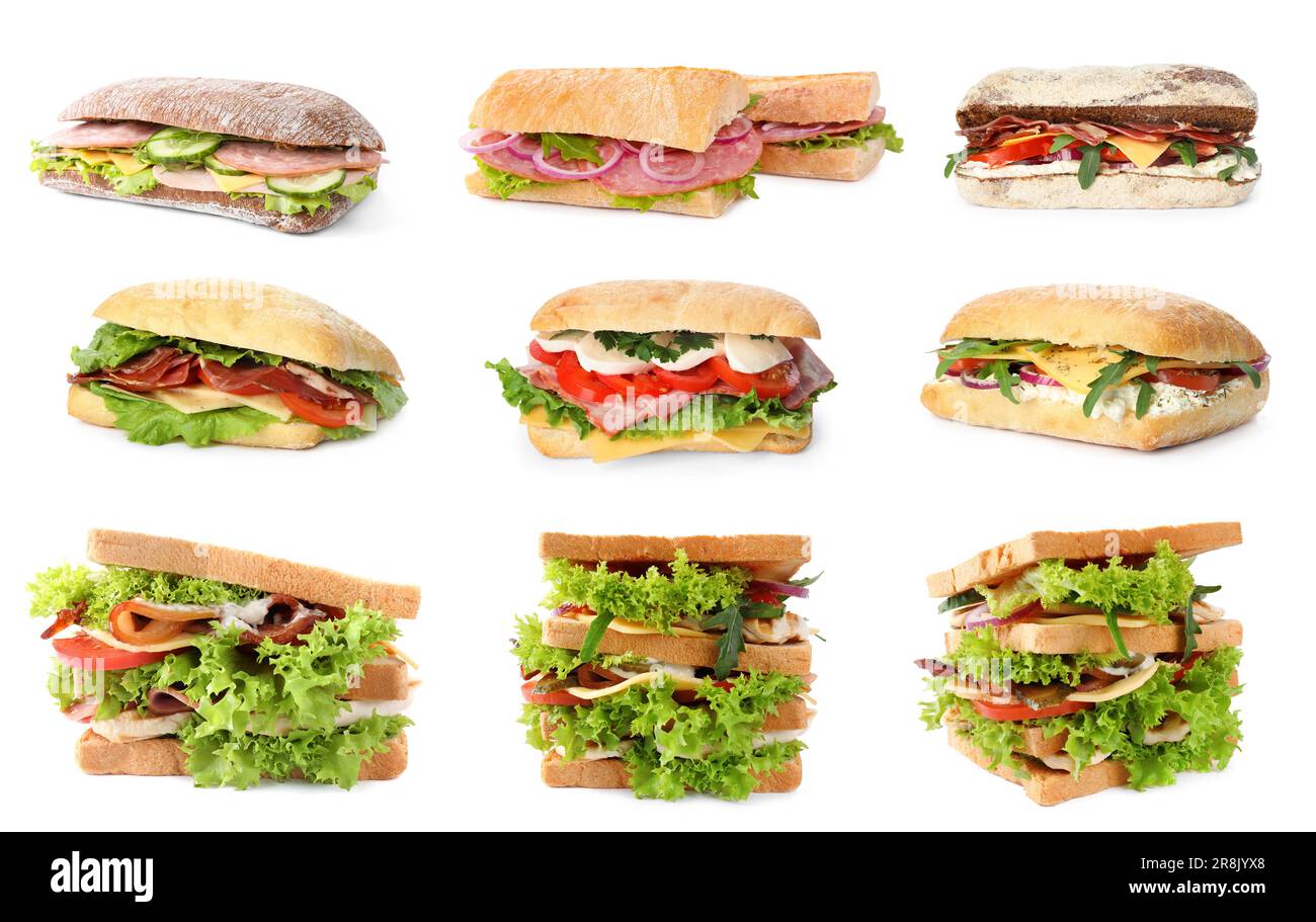 Collage with delicious sandwiches on white background Stock Photo - Alamy