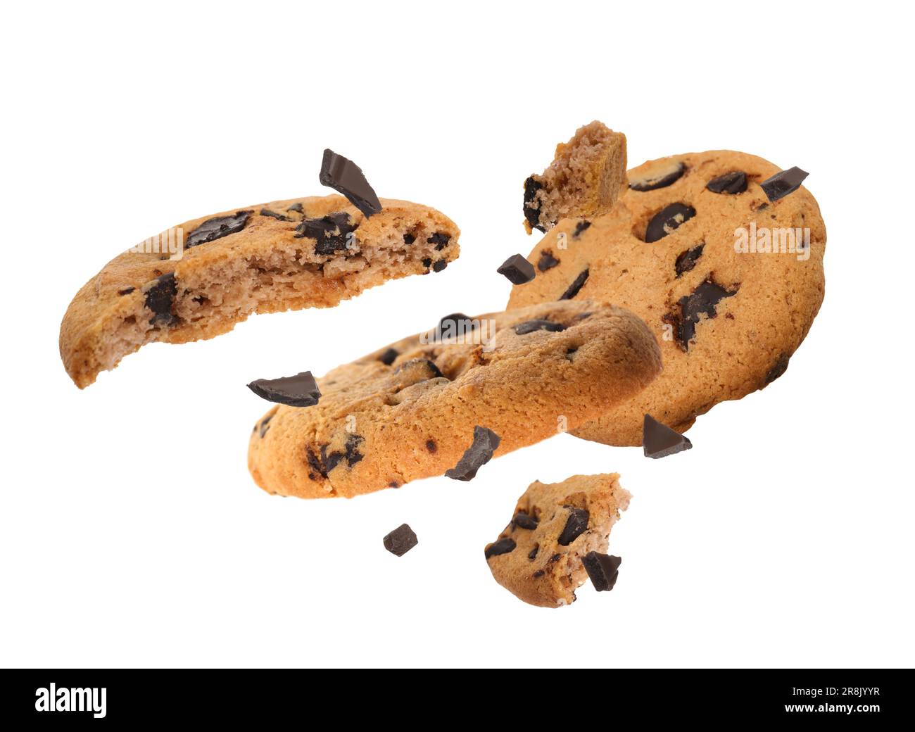 Tasty chocolate chip cookies falling on white background Stock Photo ...