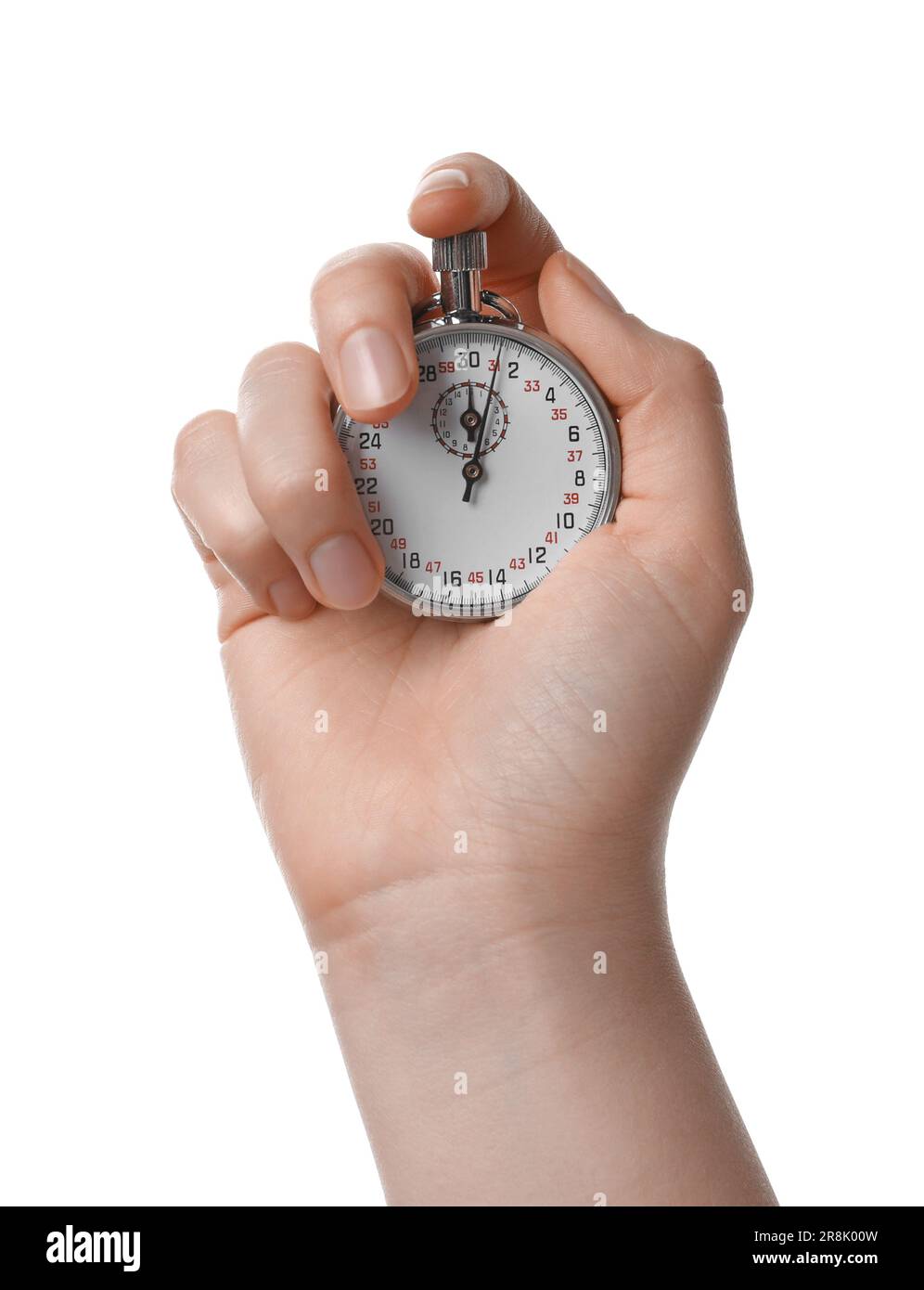 Woman holding vintage timer on white background, closeup Stock Photo ...