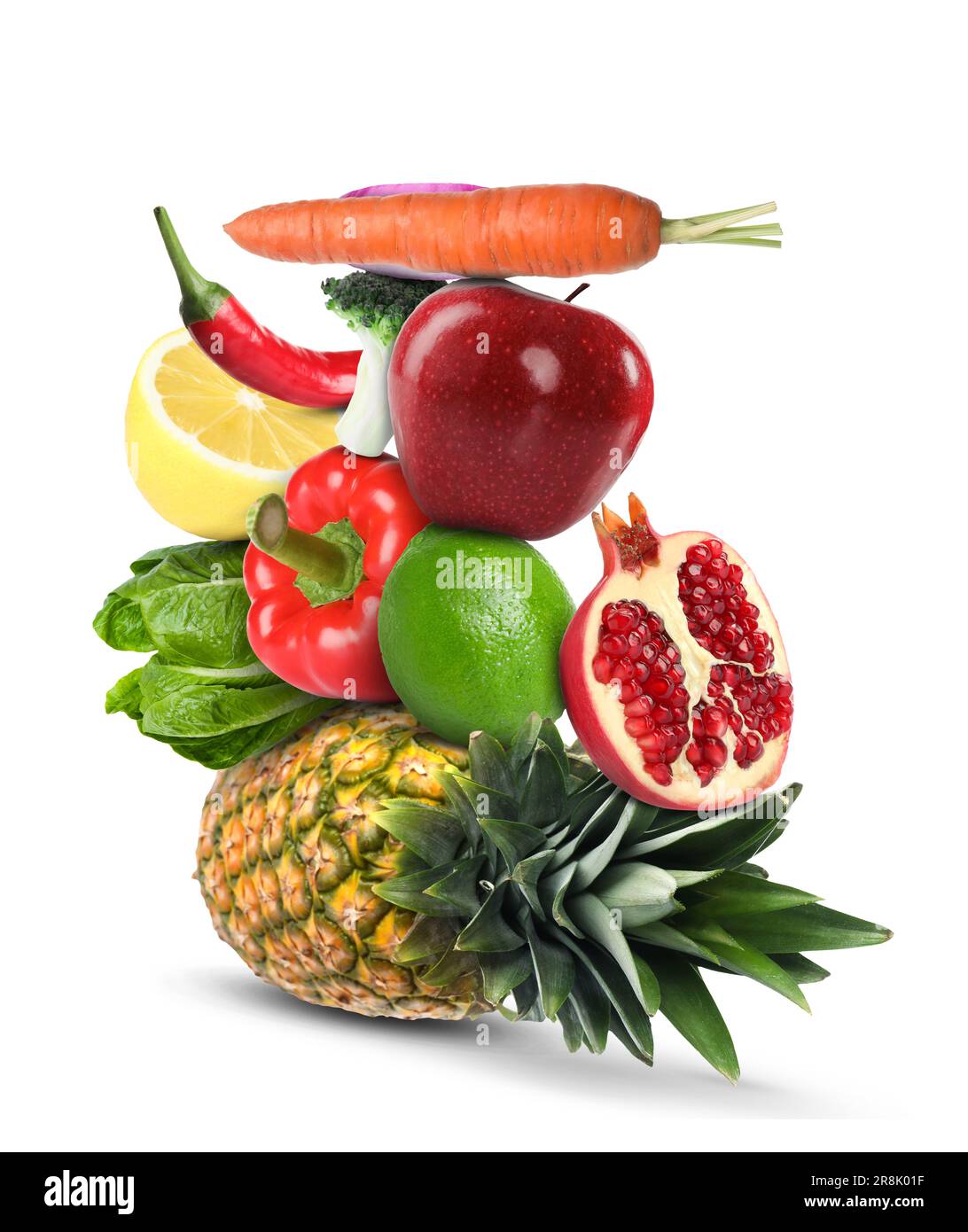 Stack of different vegetables and fruits isolated on white Stock Photo ...