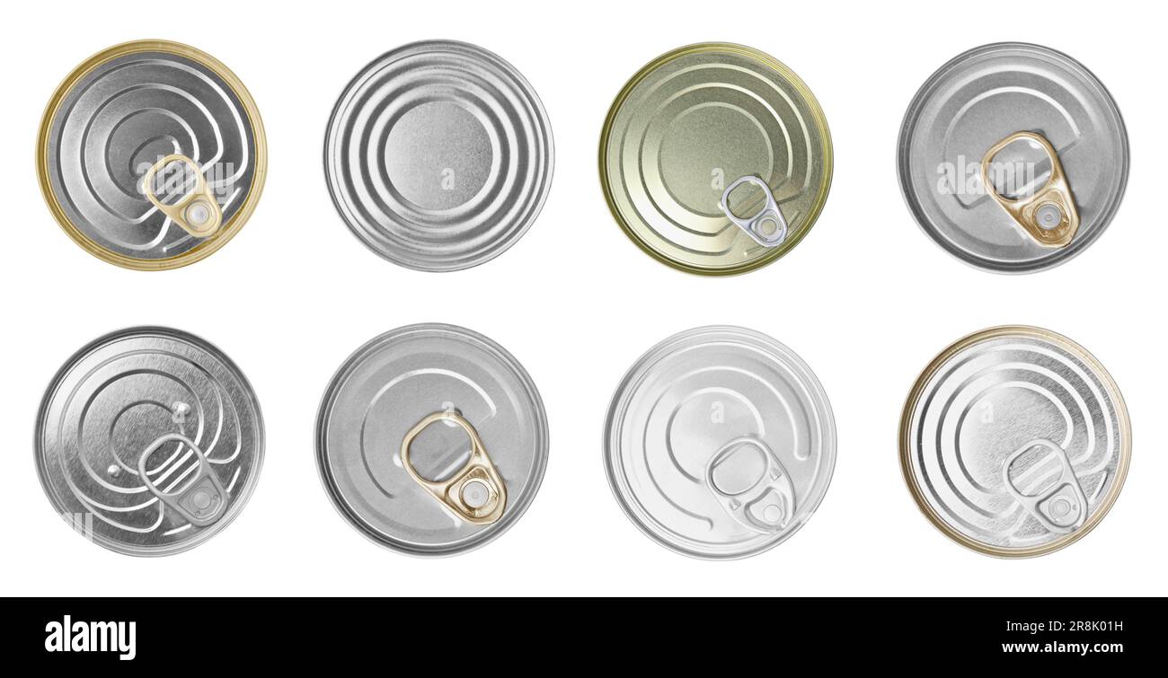 Set of metal cans on white background, top view Stock Photo - Alamy