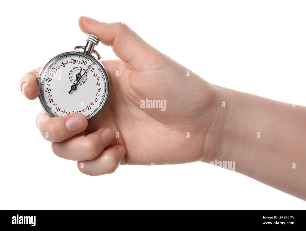 Woman holding vintage timer on white background, closeup Stock Photo ...