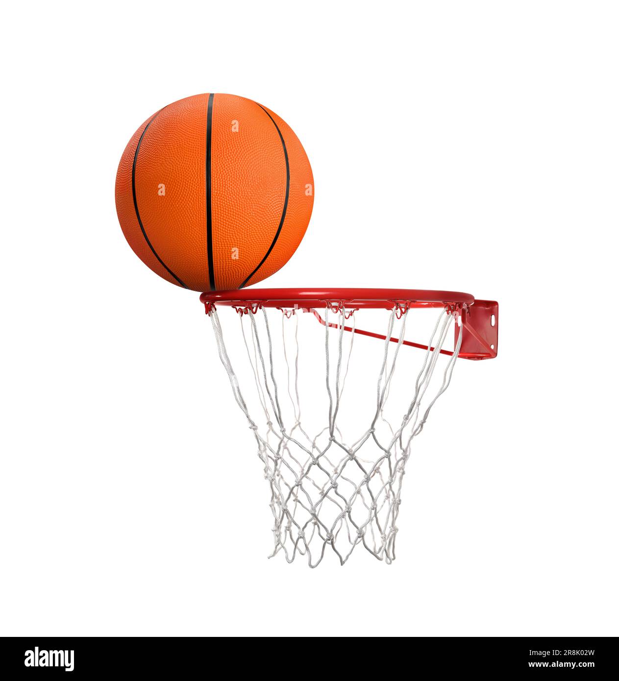 Basketball ball on rim of hoop with net against white background Stock ...