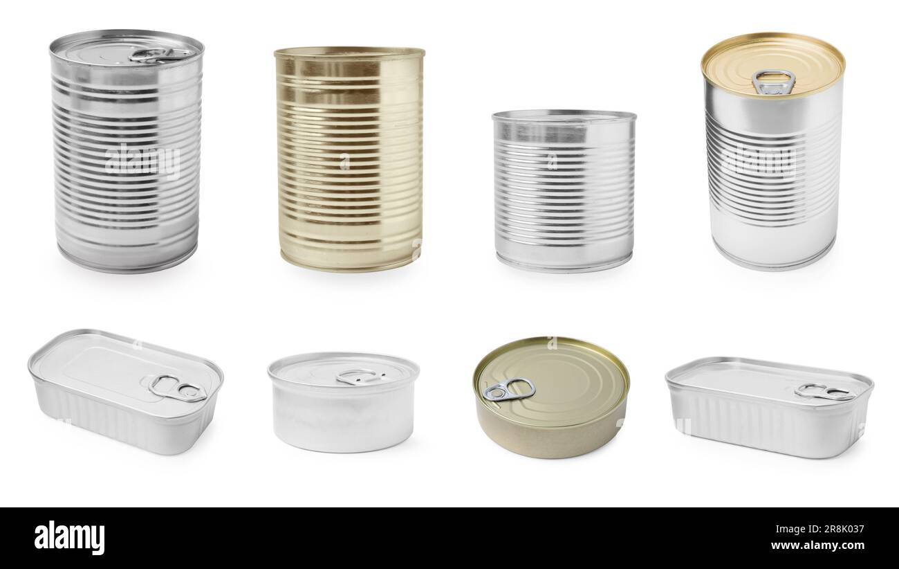 Set of different metal cans on white background Stock Photo - Alamy