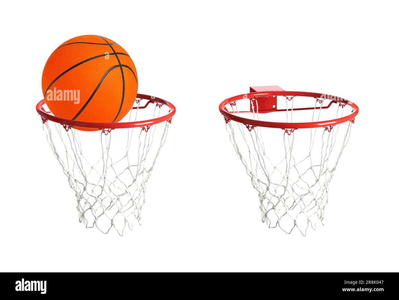 Collage of basketball ball and hoop isolated on white Stock Photo - Alamy