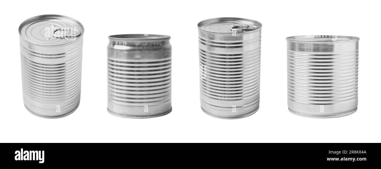 Set of different metal cans on white background Stock Photo - Alamy