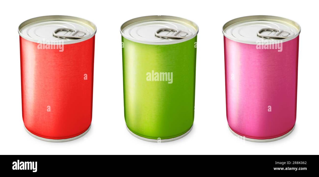 Set of metal cans on white background Stock Photo - Alamy