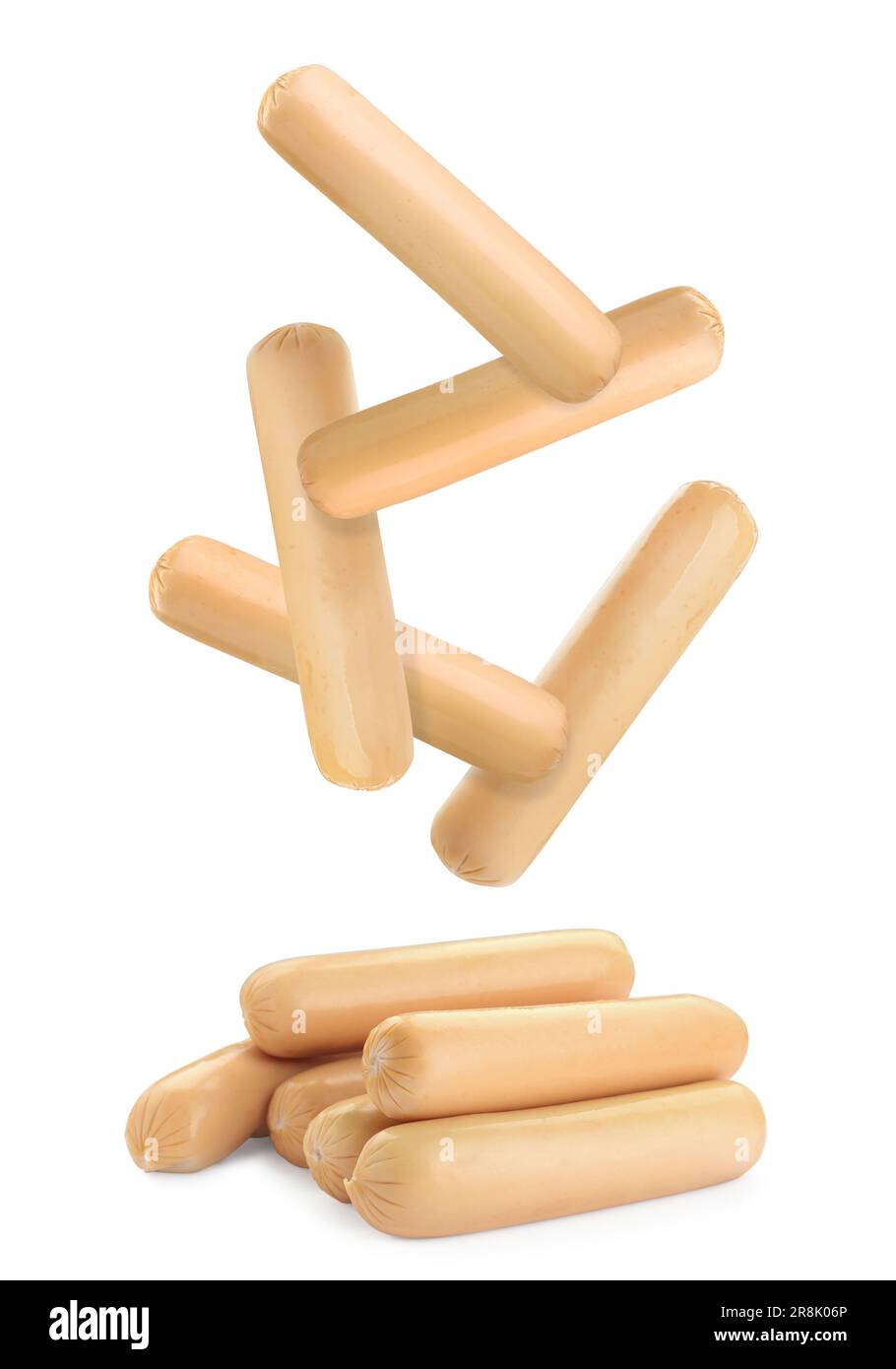 Fresh raw sausages falling on white background Stock Photo - Alamy