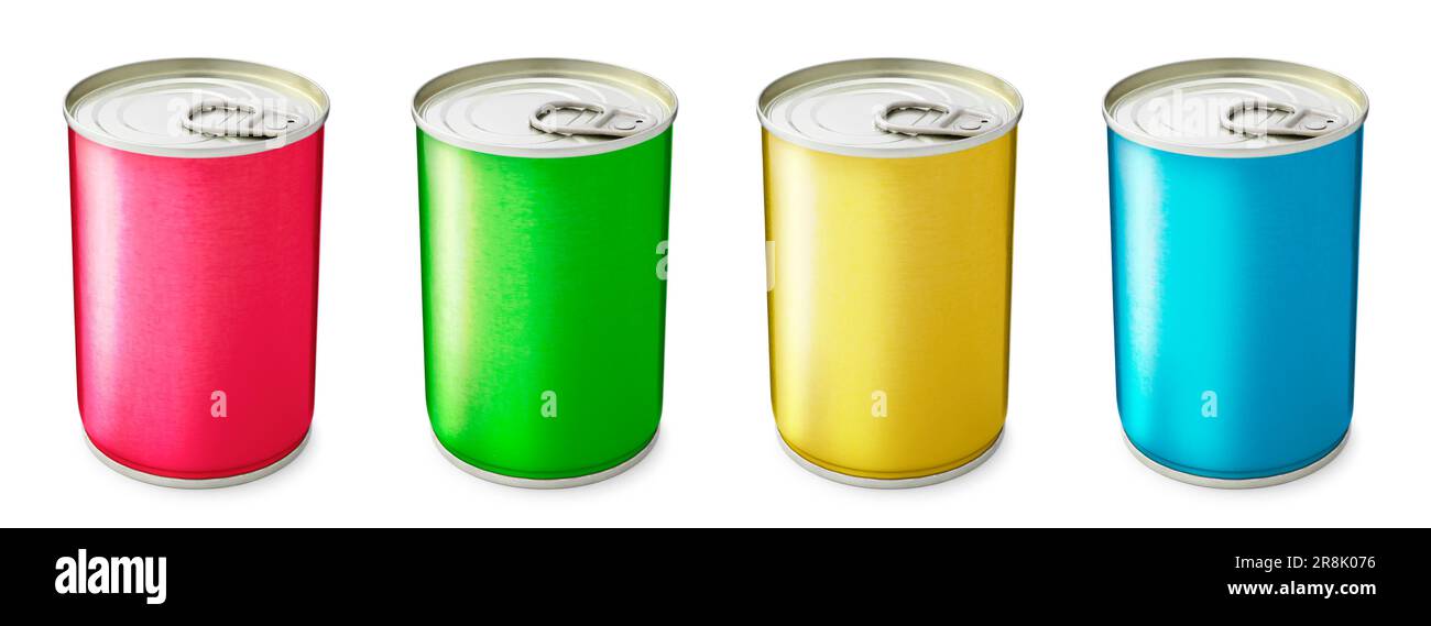 Set of metal cans on white background Stock Photo - Alamy