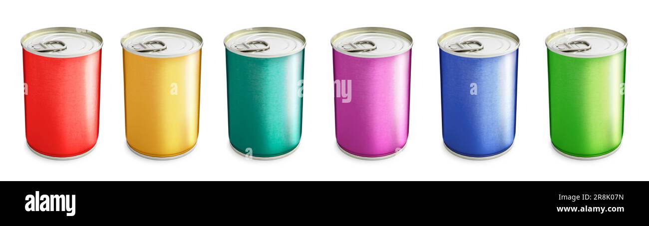 Set of metal cans on white background Stock Photo - Alamy