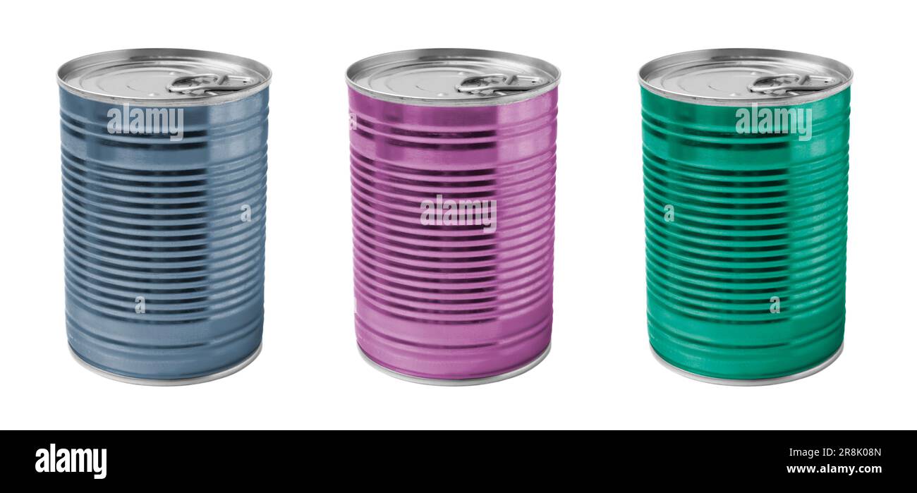 Set of metal cans on white background Stock Photo - Alamy