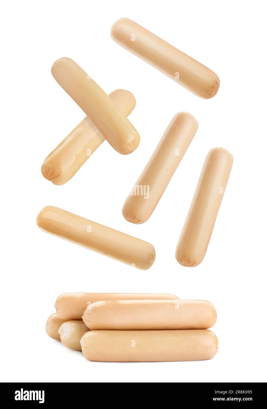 Fresh raw sausages falling on white background Stock Photo - Alamy