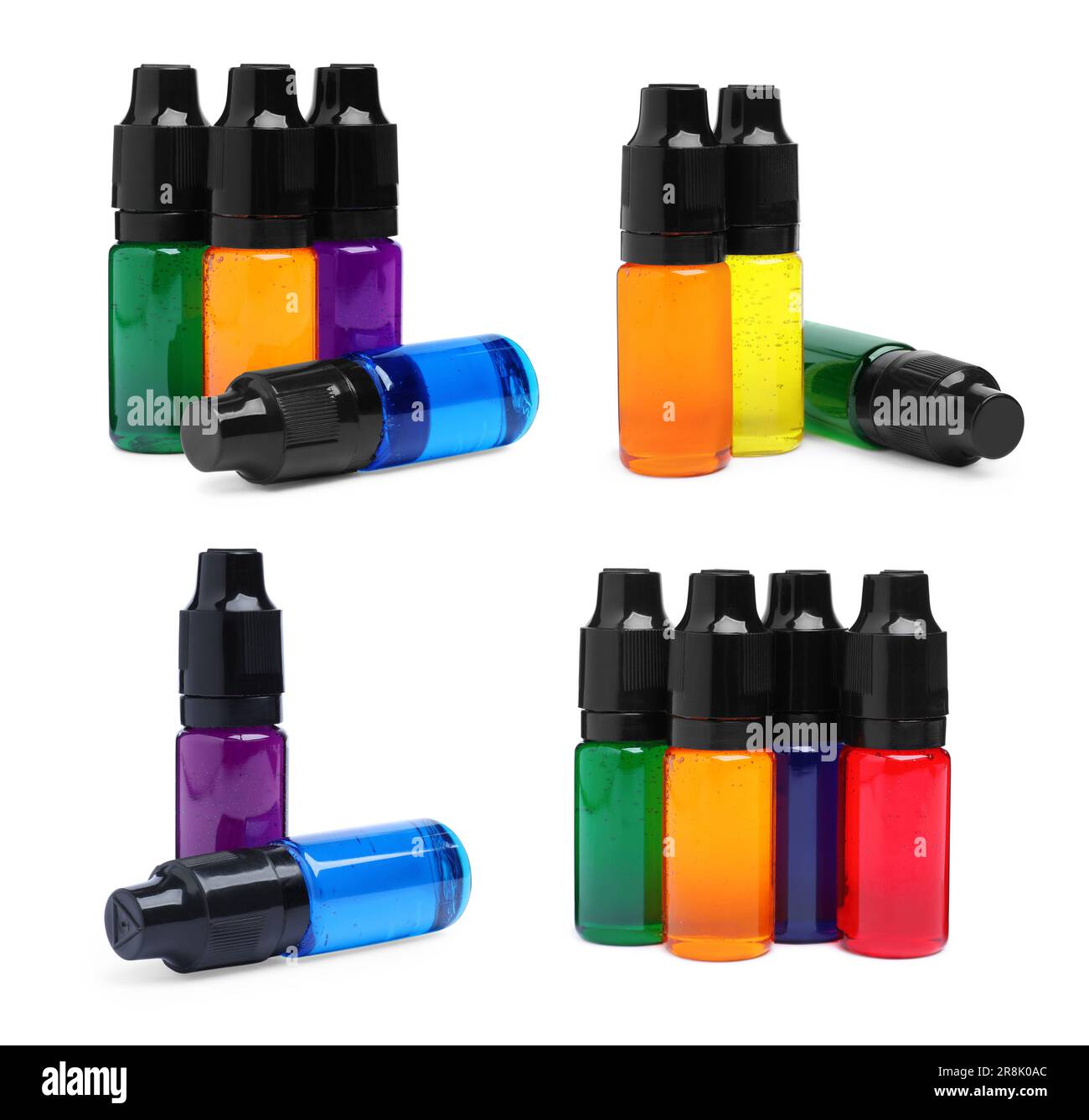 Collage of bottles with different food coloring isolated on white Stock ...