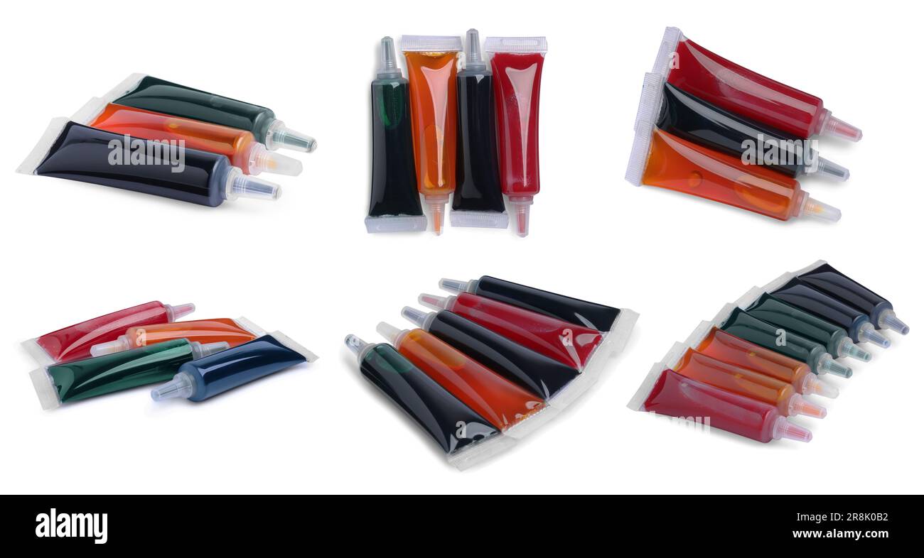 Collage of tubes with different food coloring isolated on white Stock ...