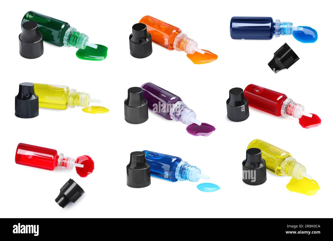 Collage of bottles with different food coloring isolated on white Stock ...