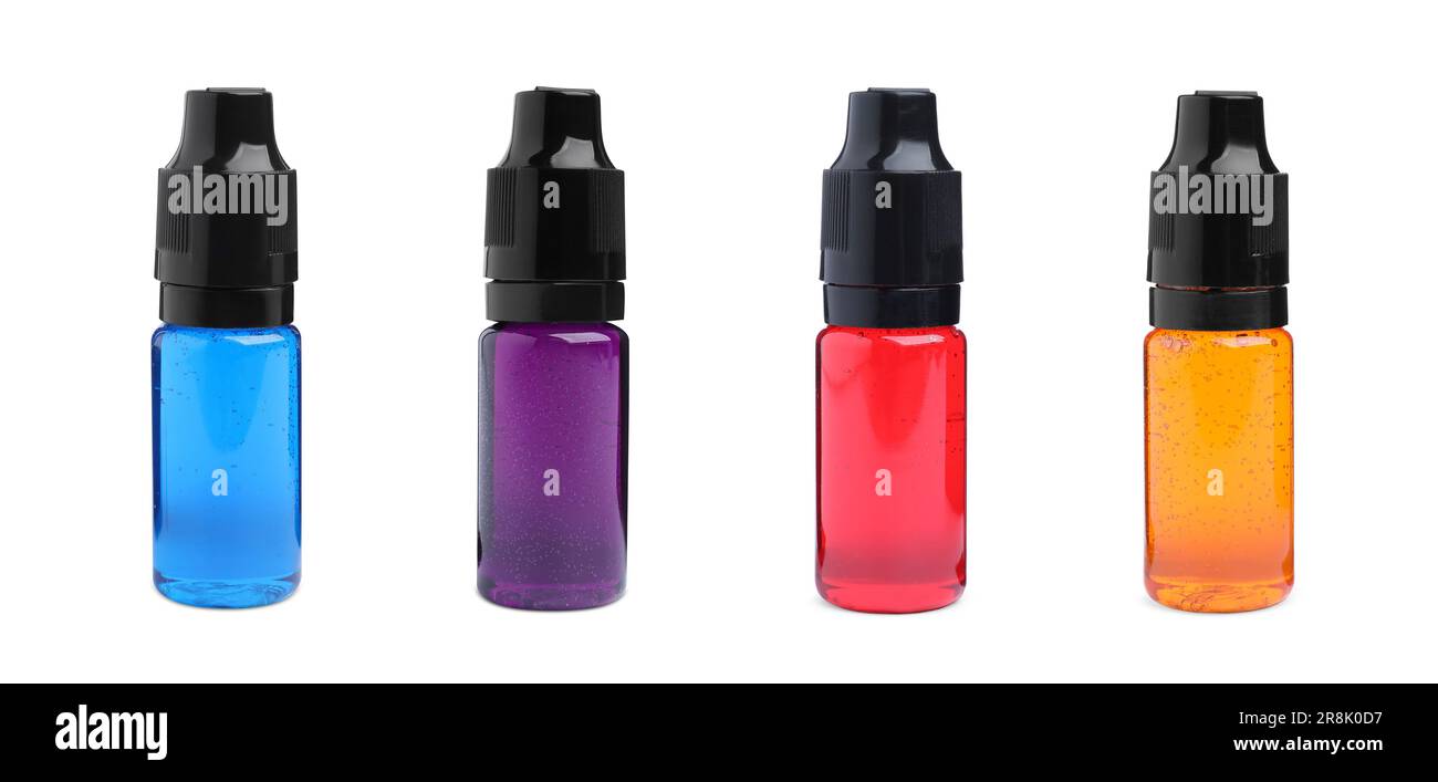 Collage of bottles with different food coloring isolated on white Stock ...