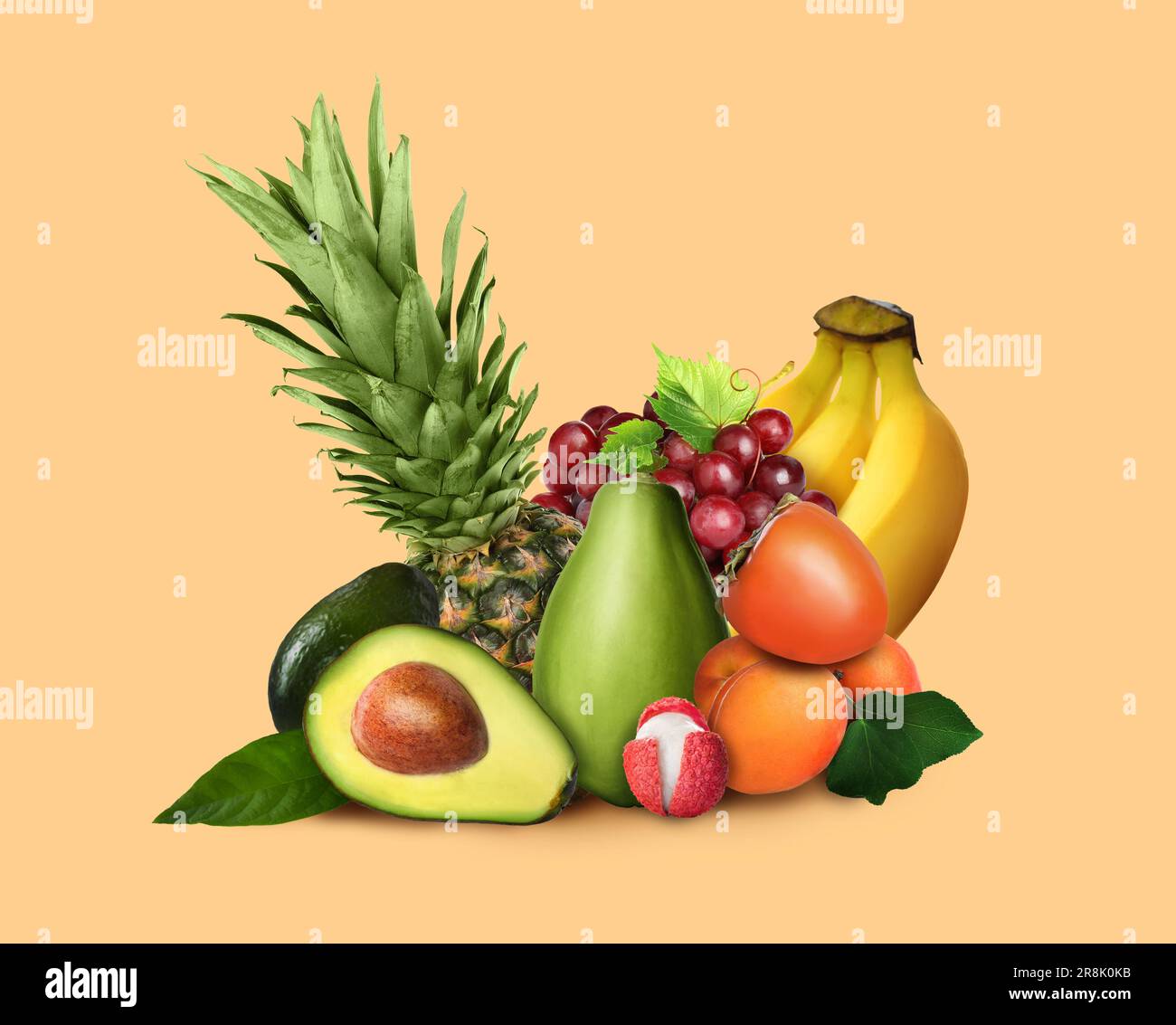 Many different fresh fruits on pale orange background Stock Photo - Alamy