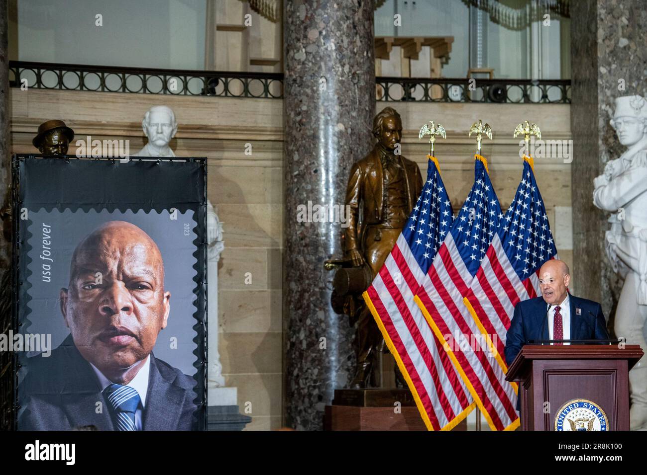 U.S. Postmaster General Louis DeJoy offers remarks during a stamp ...