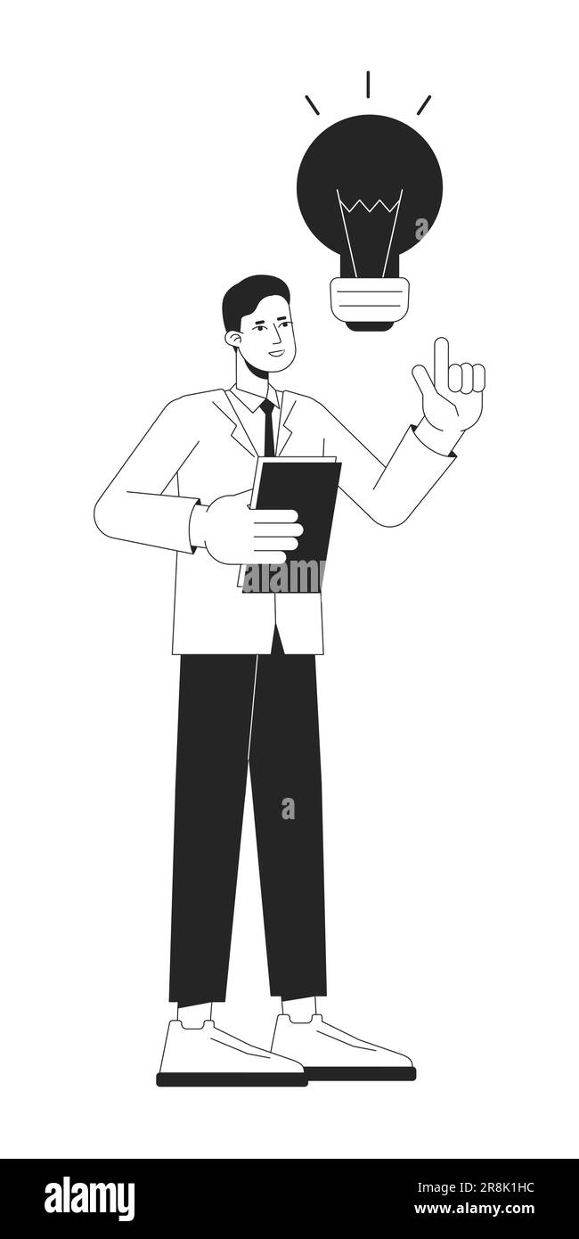 Asian office worker eureka idea bw concept vector spot illustration ...