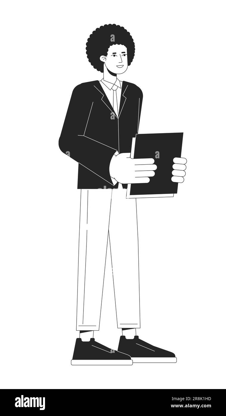African american employee holding paperwork bw vector spot illustration ...