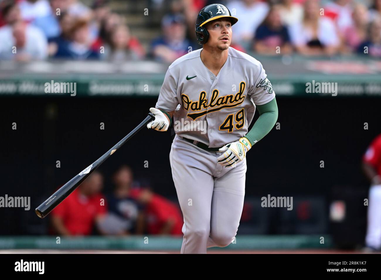Oakland Athletics' Ryan Noda watches his three-run home run off ...
