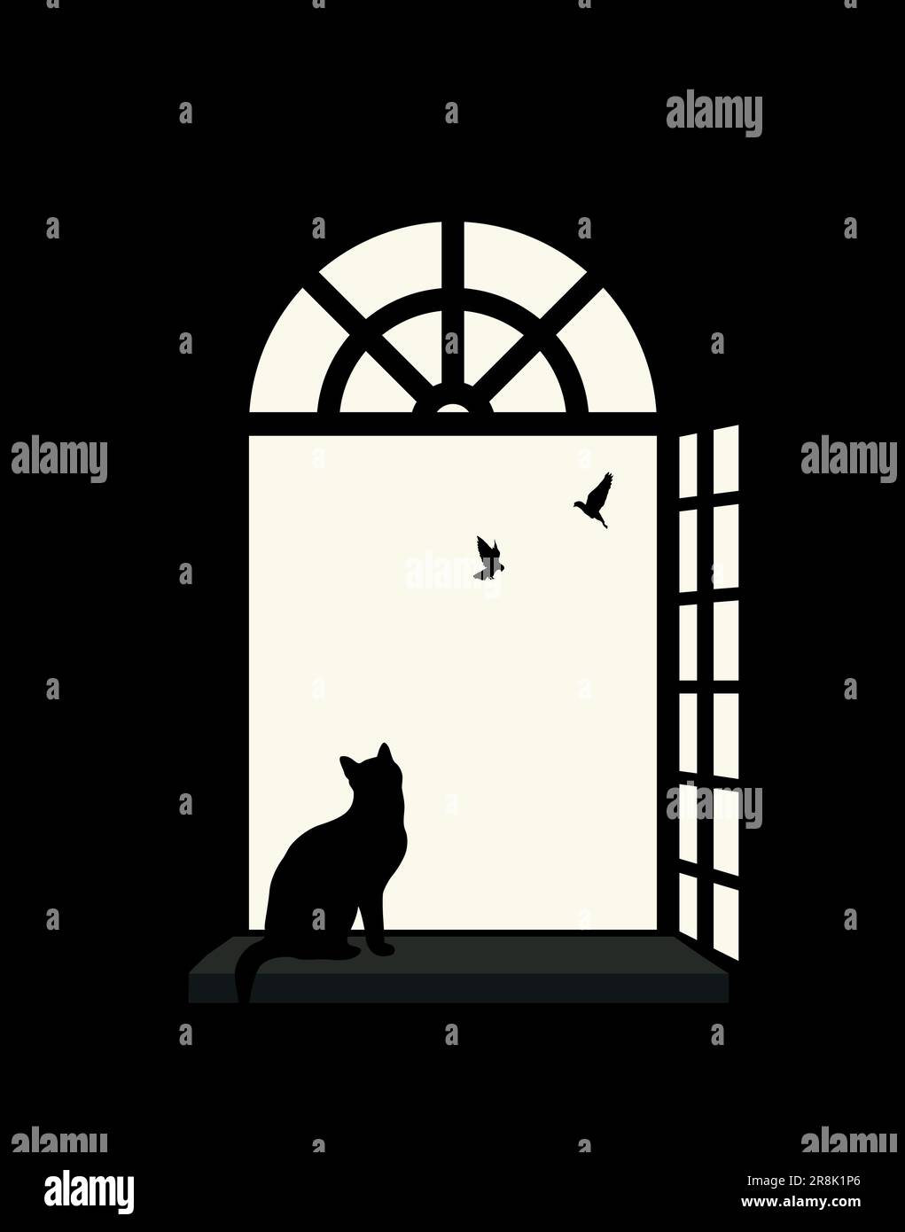 Indoor cat silhouette at the window, wathing birds. Copy space vector ...