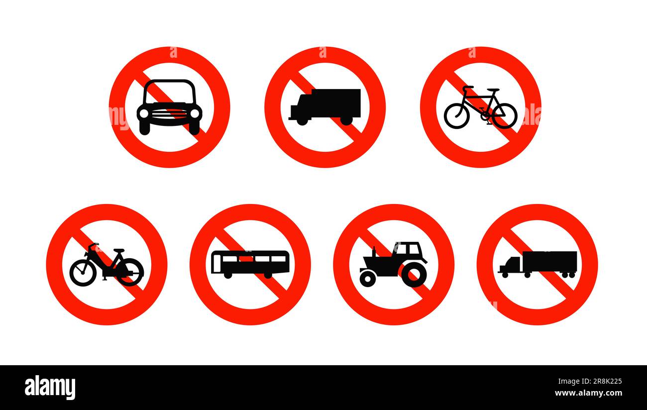 Set of no vehicle. Red prohibited sign. Ban automobile. Prohibition ...