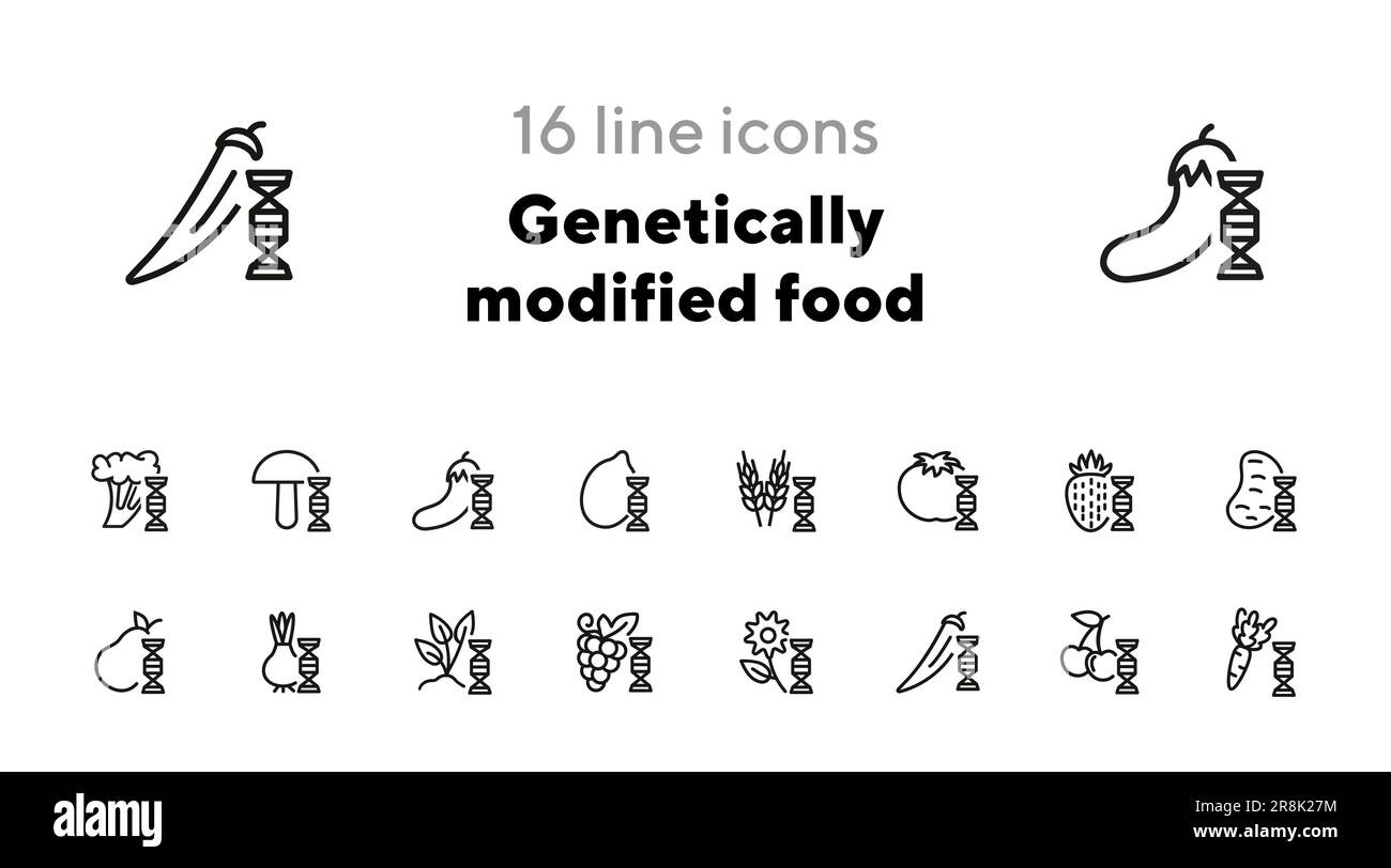 Genetically modified food line icon set. Gene, grain, fruit Stock ...