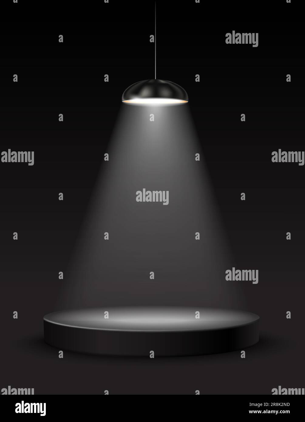 3d realistic vector light effect. Black stage illuminated spotlight from lamp on dark background ...