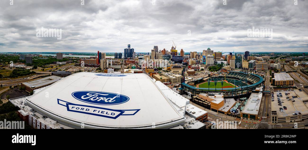Ford Field and Comerica Park in the city of Detroit - aerial view ...