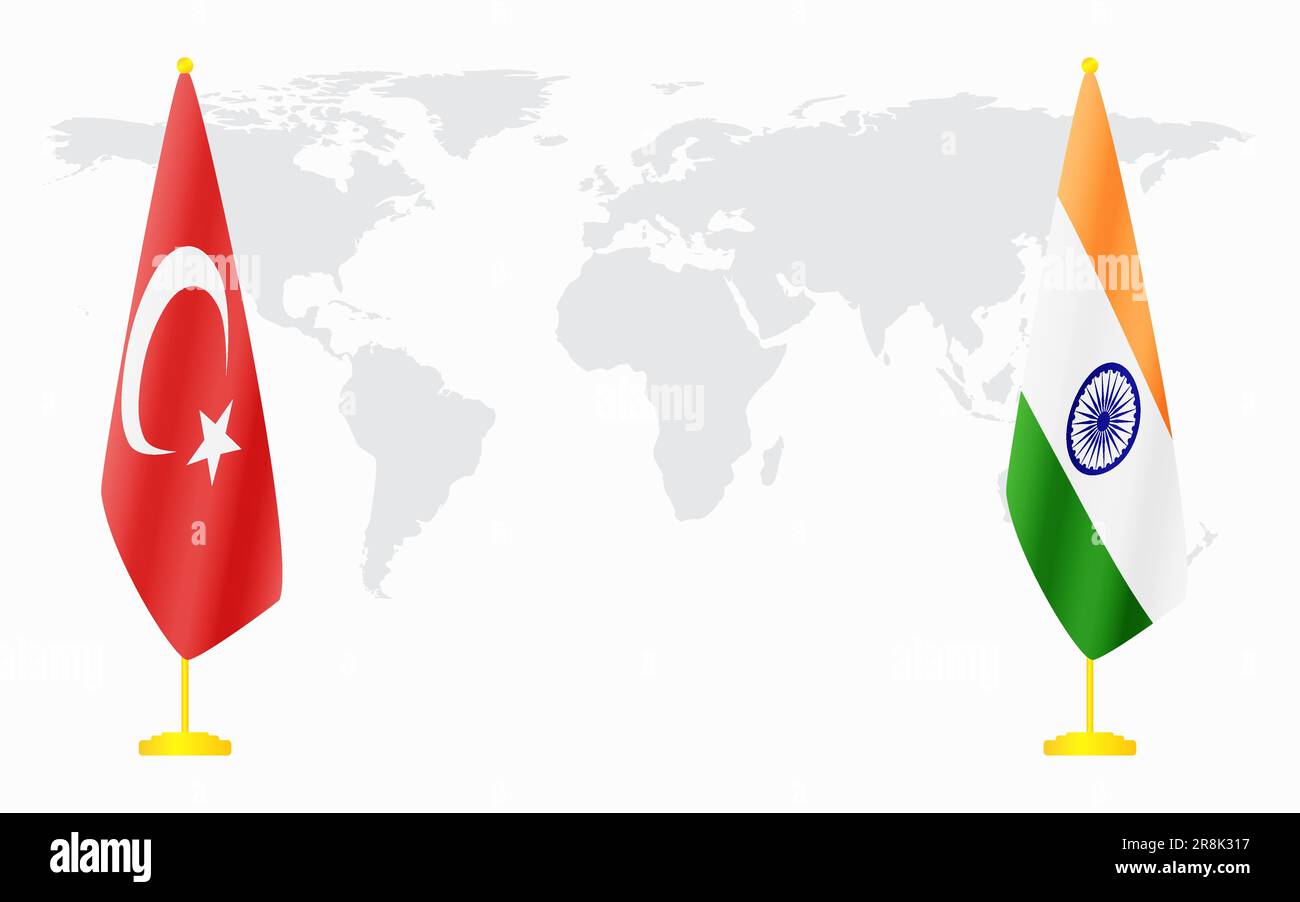 Turkey and India flags for official meeting against background of world ...