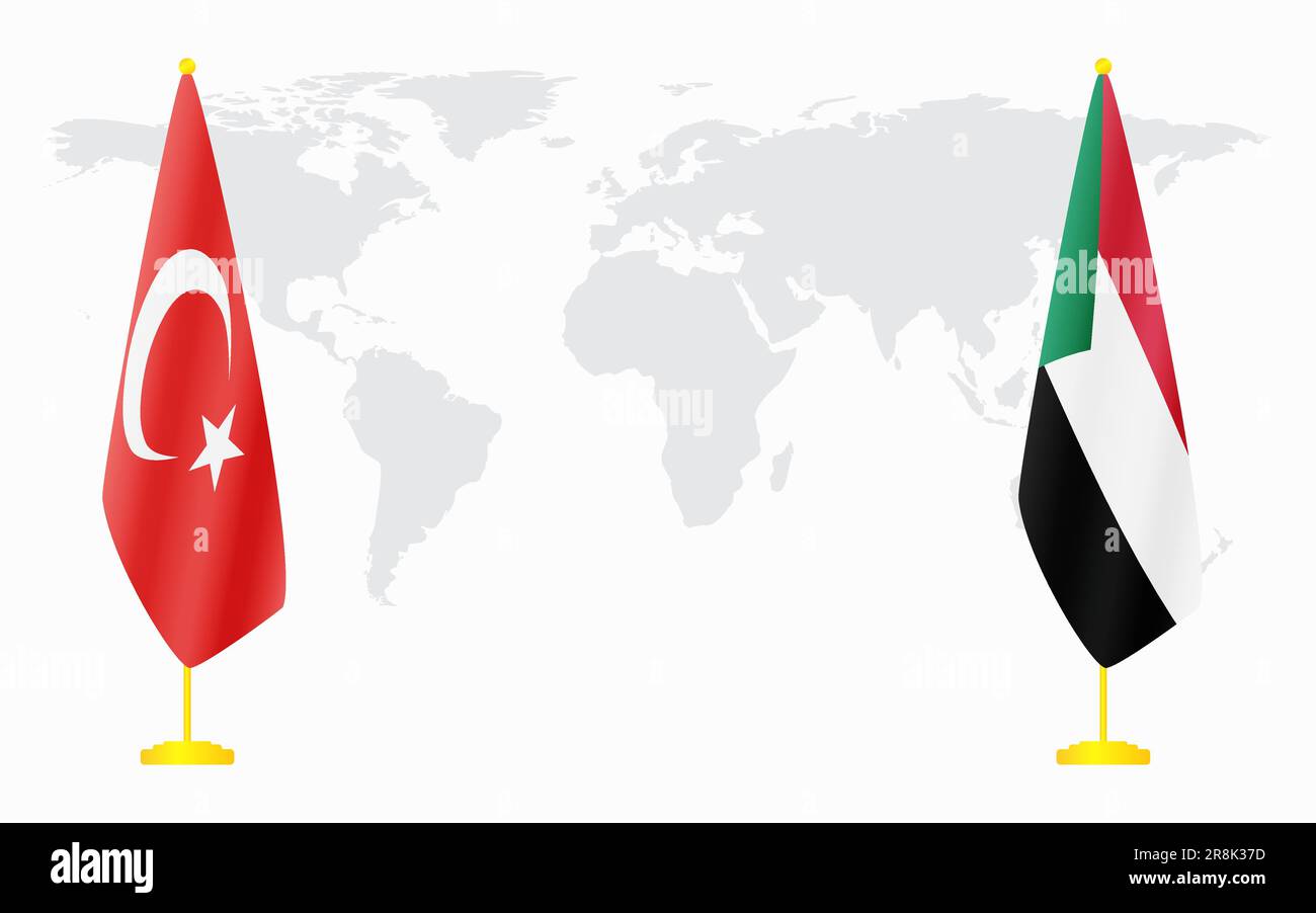Turkey and Sudan flags for official meeting against background of world ...